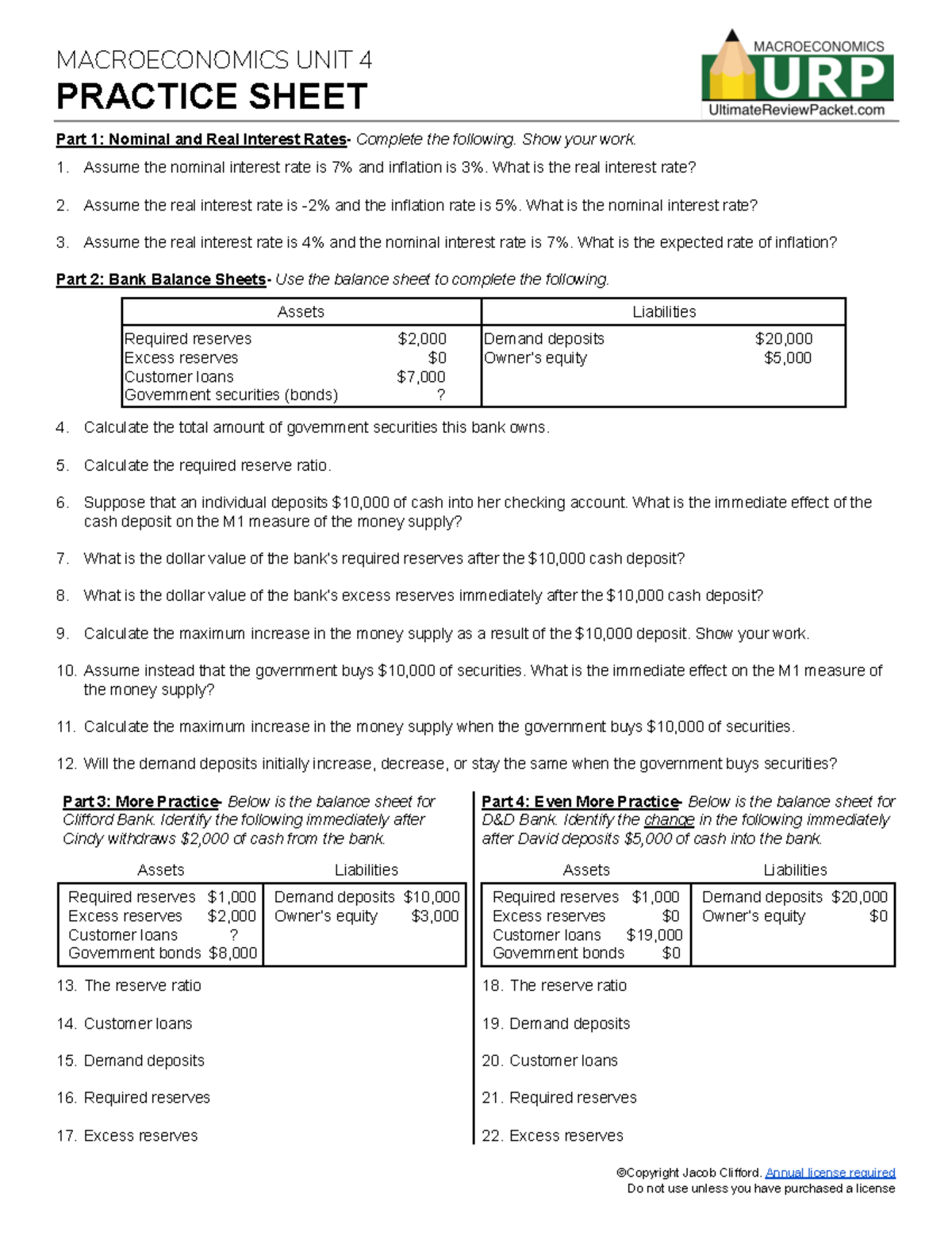 Macroeconomics Unit 4 Practice Sheet - Interest Rates & Bank Balance ...