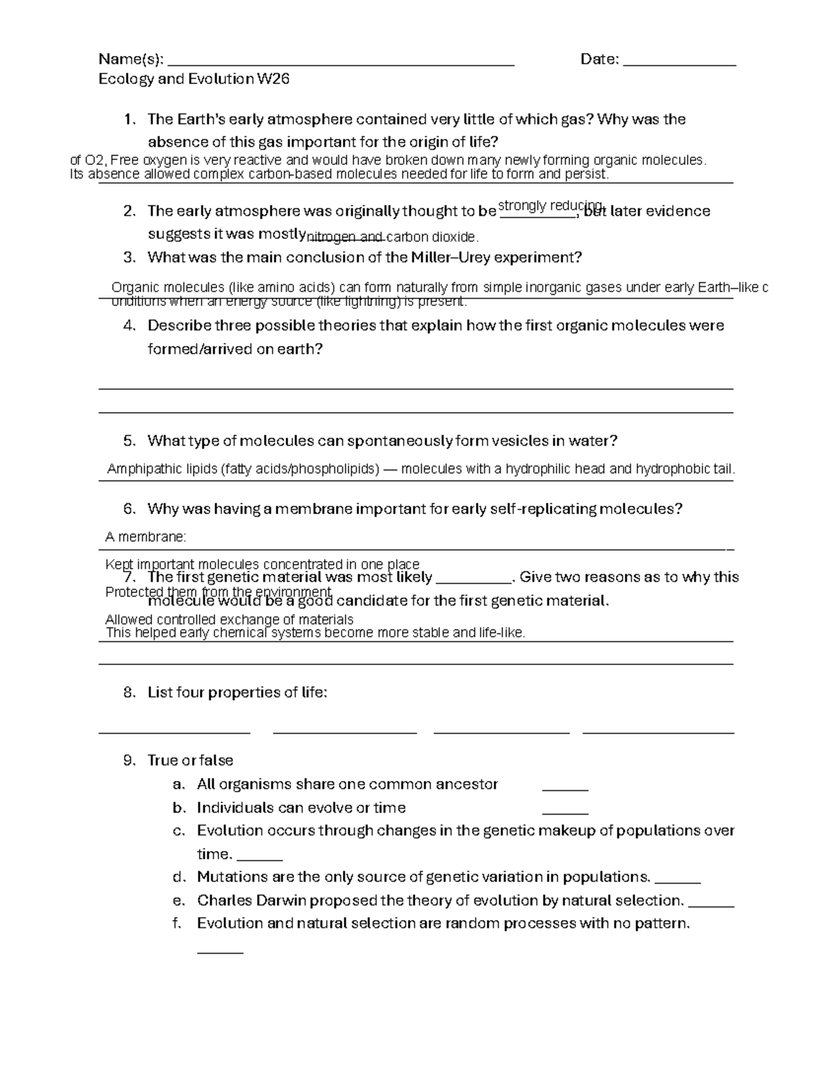 Worksheet: Origin of Life & Evolution W26 - Key Concepts & Theories ...
