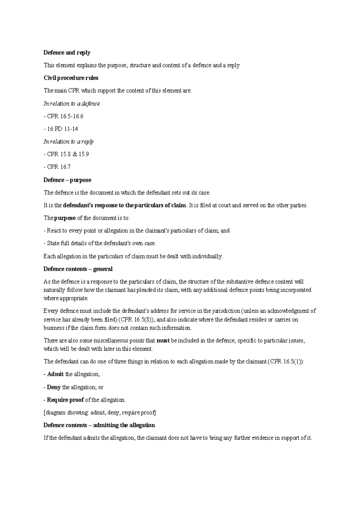 Defence and Reply Overview: Key Elements in Civil Procedure (CPR) - Studocu