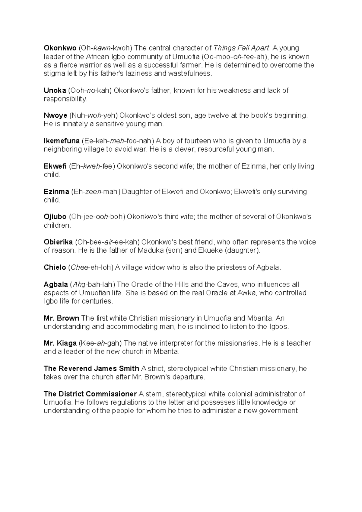 Things Fall Apart Character Analysis (ENG101) - Studocu