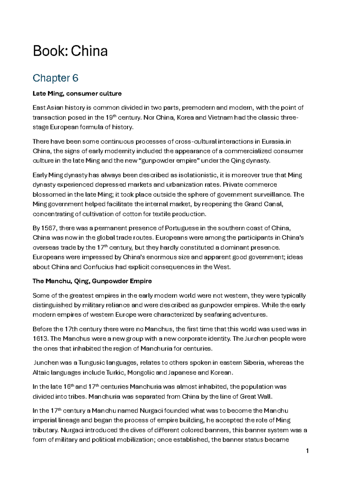 China Book: Chapter 6 - Late Ming Consumer Culture & Qing Dynasty - Studocu