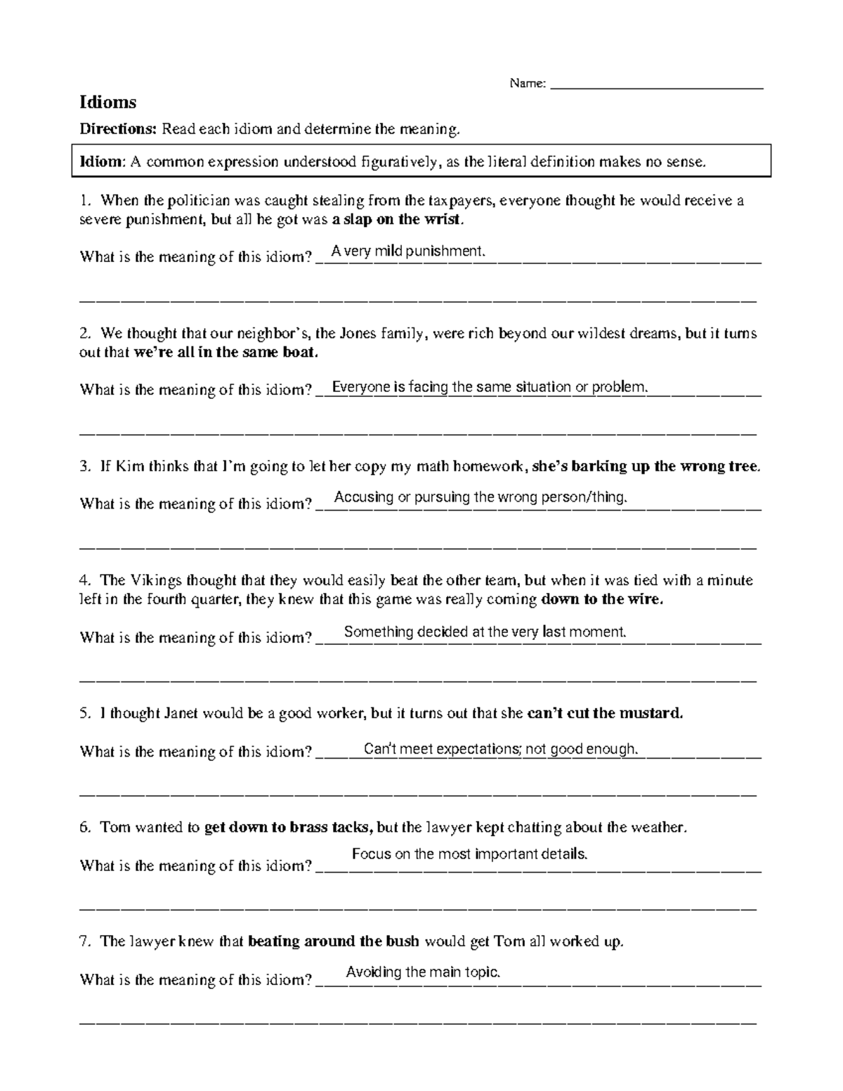 Idioms Worksheet: Understanding Common Expressions - Studocu