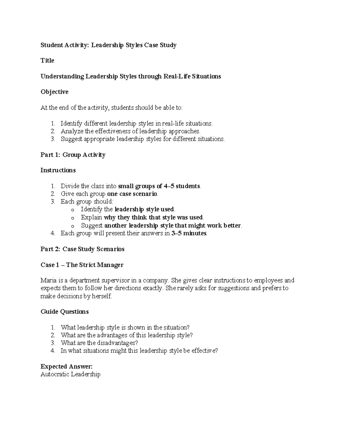 HBO-Final-Act: Leadership Styles Case Study Analysis - Studocu