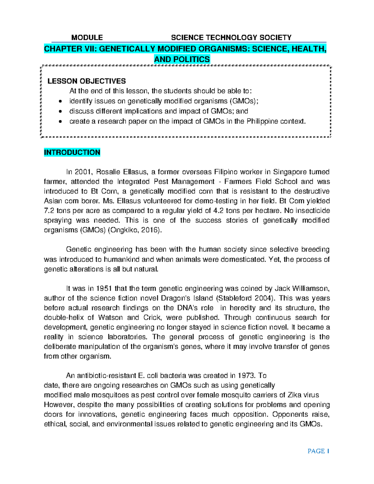 Chapter VII: GMOs - Science, Health Impacts & Controversies - Studocu