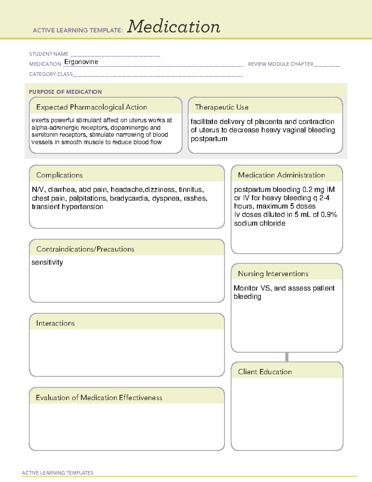 Ergonovine Medication Card - Active Learning Template - Studocu