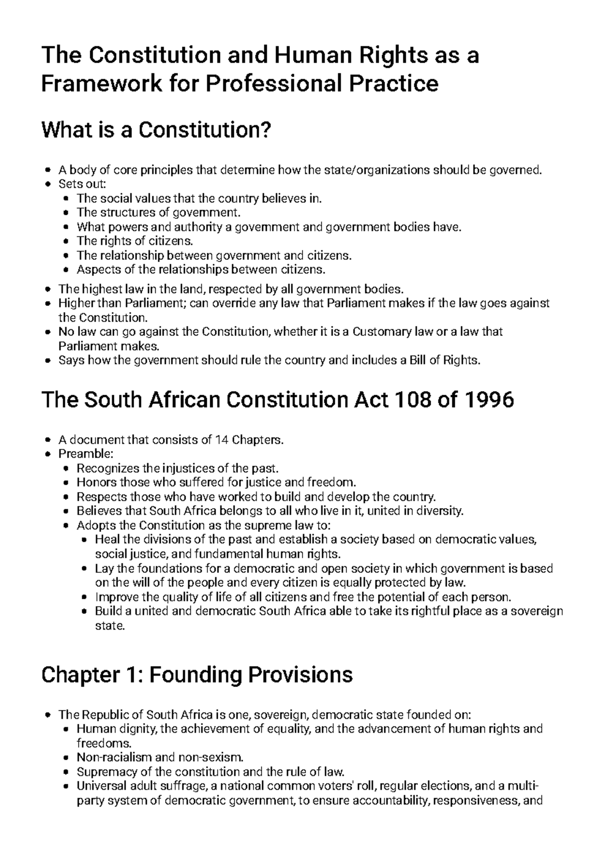 South African Constitutional Framework & Human Rights Study Guide - Studocu