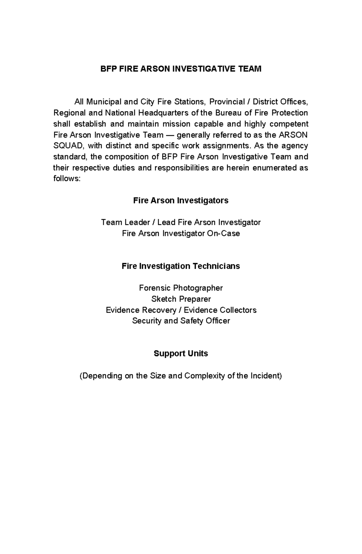 Chapter 4: BFP Fire Arson Investigative Team Structure and Duties - Studocu