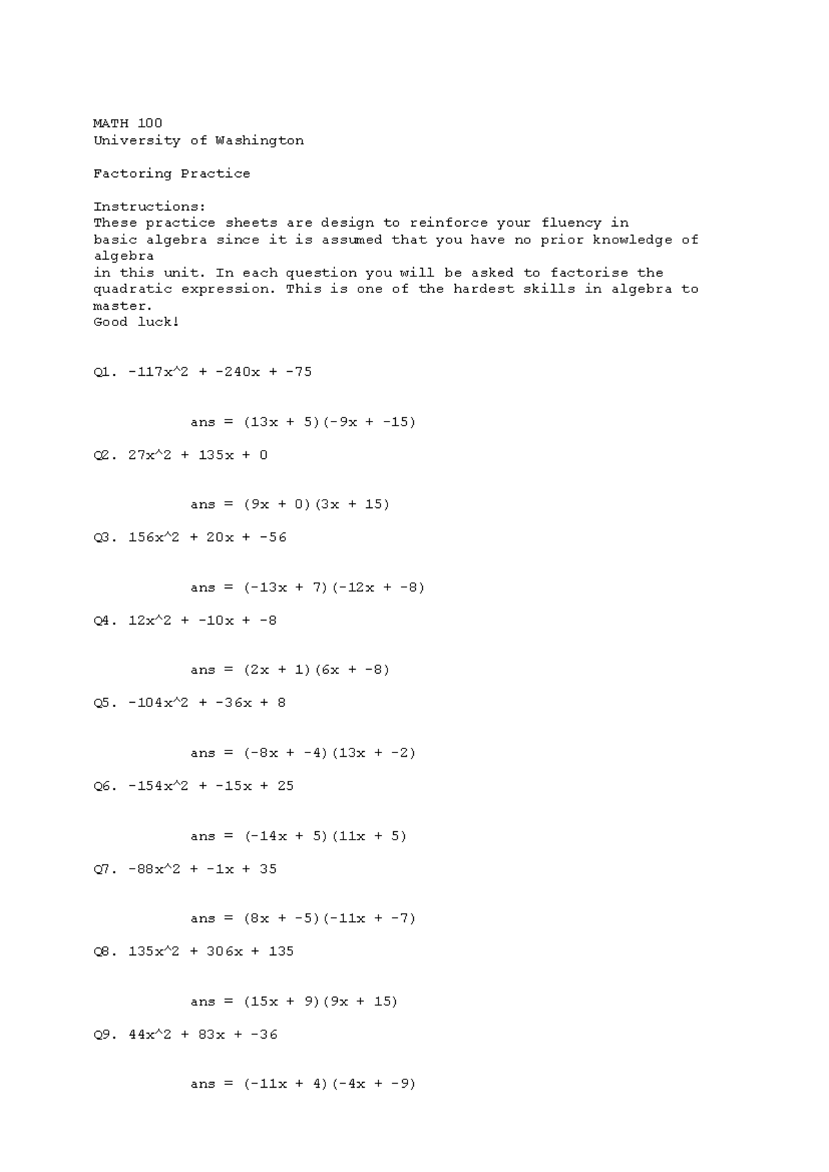 MATH100 factoring quadratics practice worksheet 3 - MATH 100 University of Washington Factoring ...