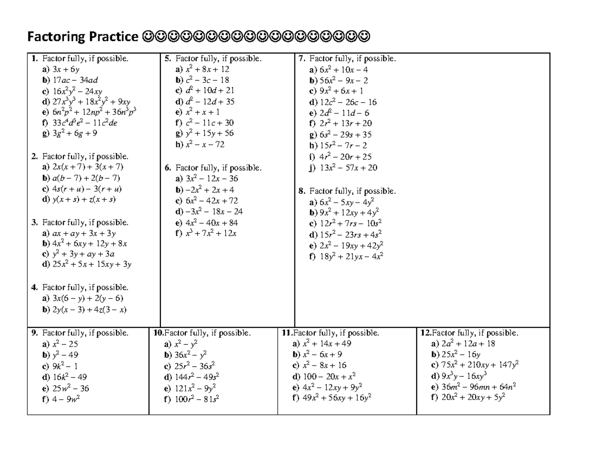 Factoring Practice Exercises for Math 101 - Studocu