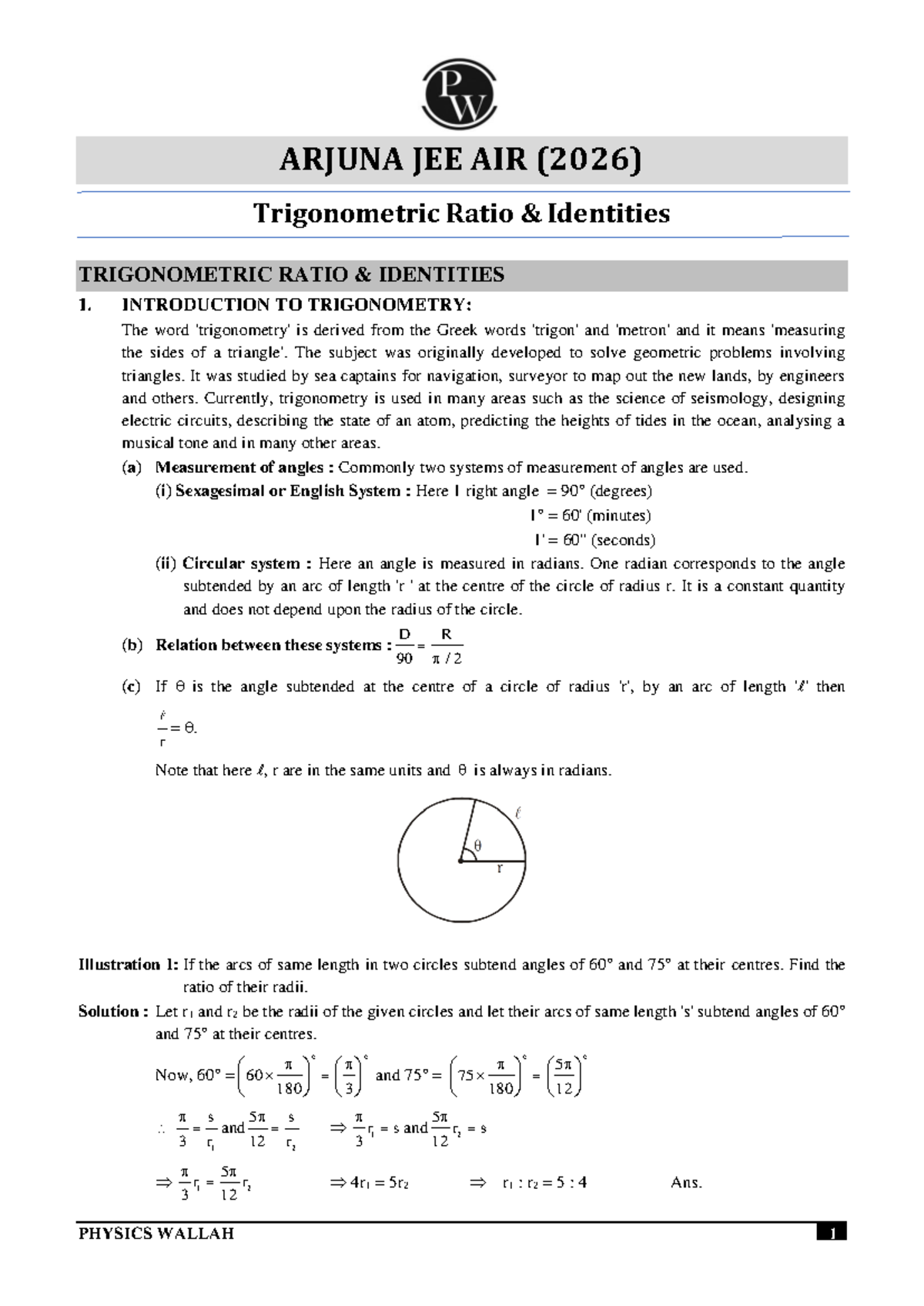 Trigonometric Ratio Identities Module Arjuna Jee Air 2026 Physics