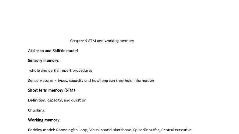 Chapter 9: STM & Working Memory Models (Psych 101) - Studocu