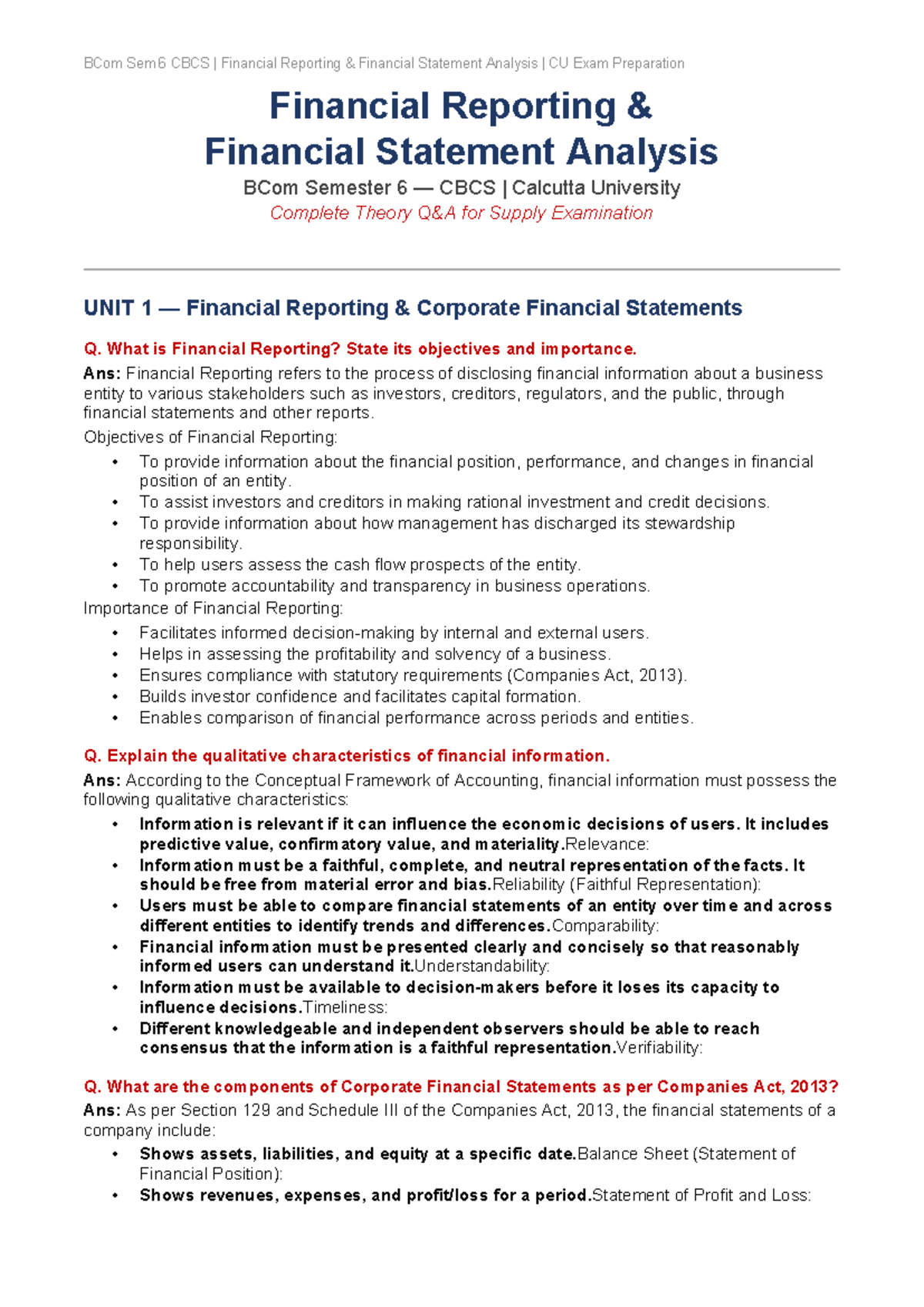 BCom Sem 6 CBCS Financial Reporting & Statement Analysis CU Exam Prep ...