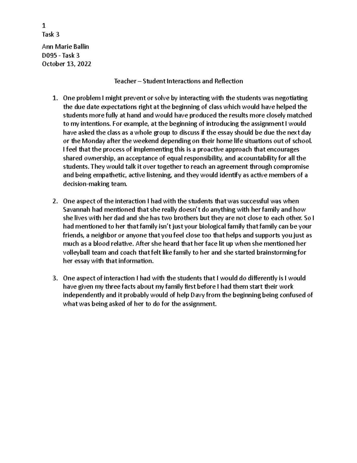 D095 - Task 3 - Reflections on Teacher-Student Interaction - Studocu