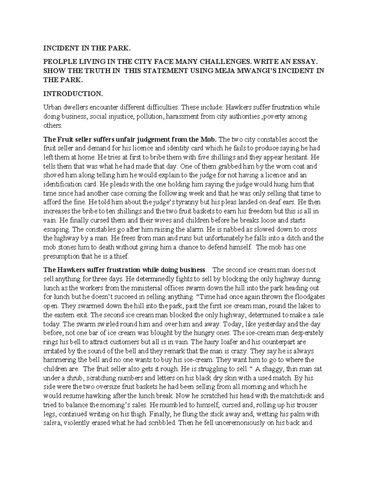 Essay on Meja Mwangi's "Incident in the Park" Challenges Faced by Urban ...