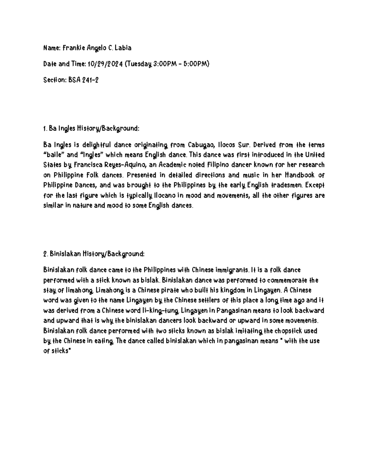 BSA 241: Overview of Ba Ingles & Binislakan Folk Dance Background - Studocu