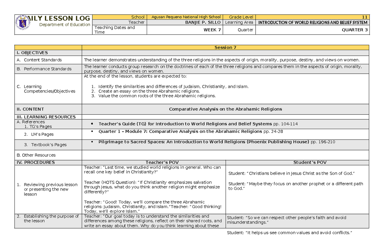 IWRBS Lesson Plan Q1 Week 7: Comparative Study of Abrahamic Religions ...