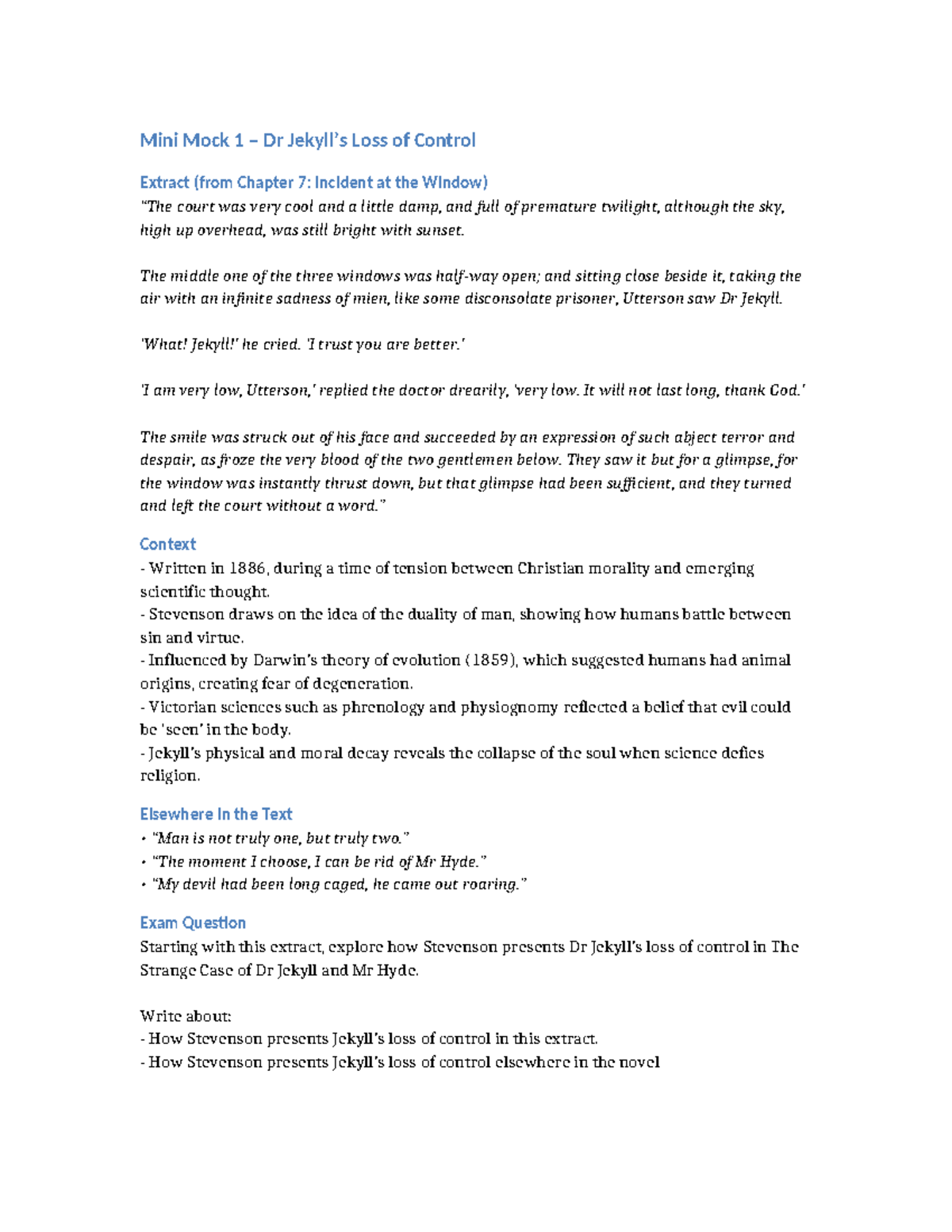 Jekyll and Hyde Mini Mock Exam Questions and Extract Analysis - Studocu