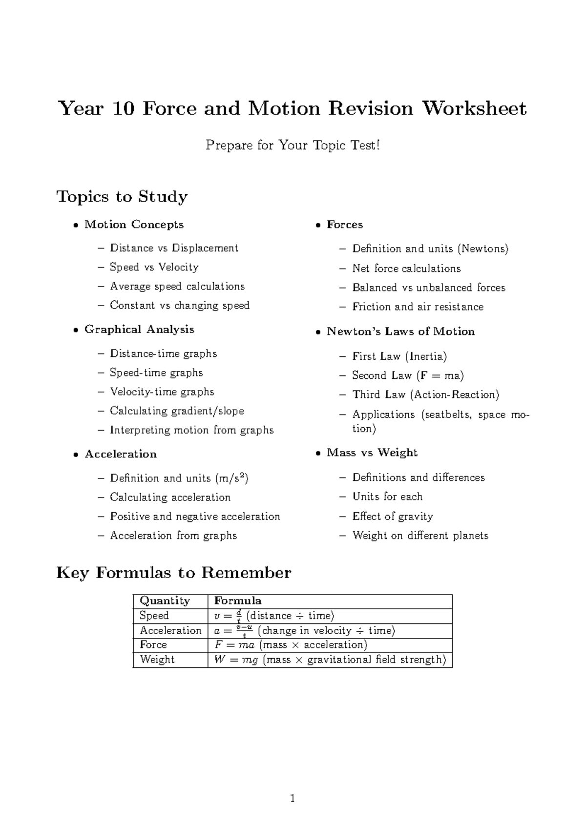 Year 10 Physics: Force and Motion Revision Worksheet for Topic Test ...