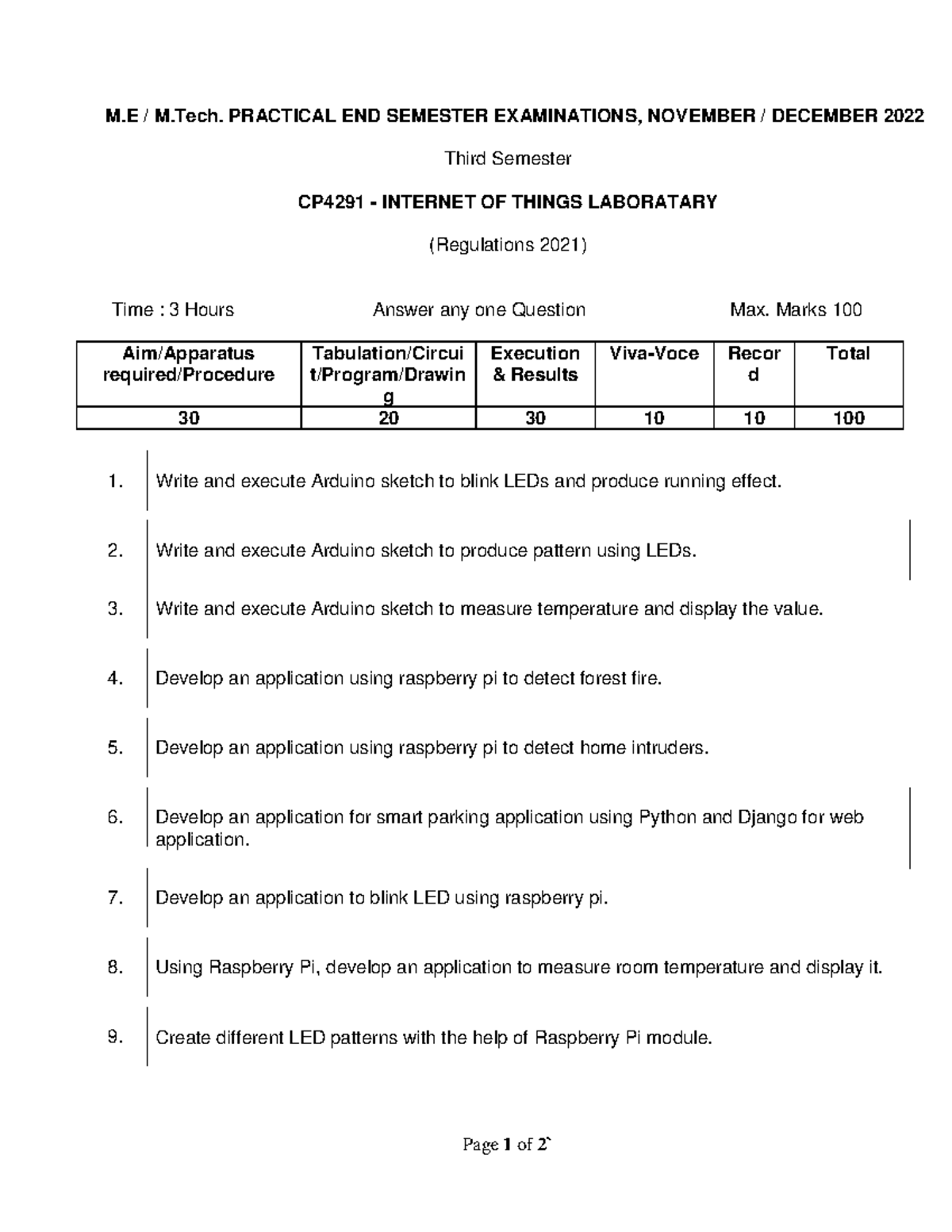 M.E M.Tech. CP4291 IoT Lab Practical Exam Questions - Nov-Dec 2022 ...