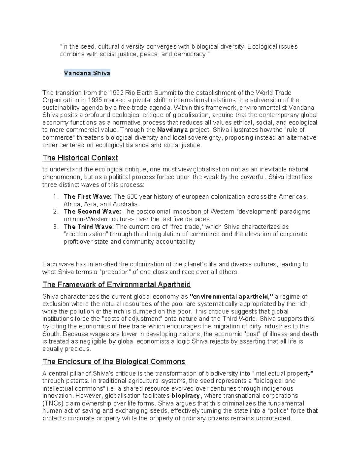 Navdanya Project: Vandana Shiva's Critique of Globalization and ...