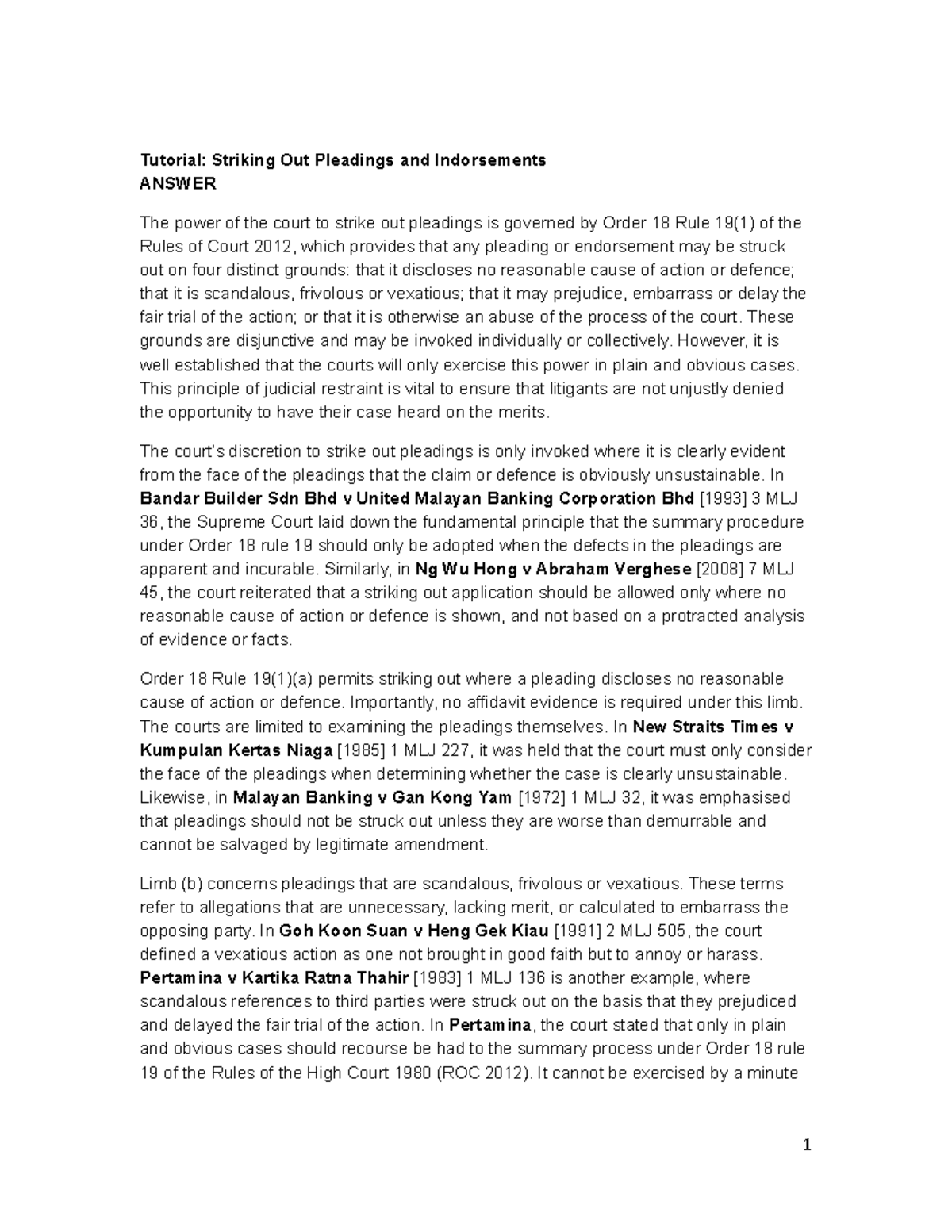 Tutorial on Striking Out Pleadings & Indorsements (Order 18 Rule 19 ...