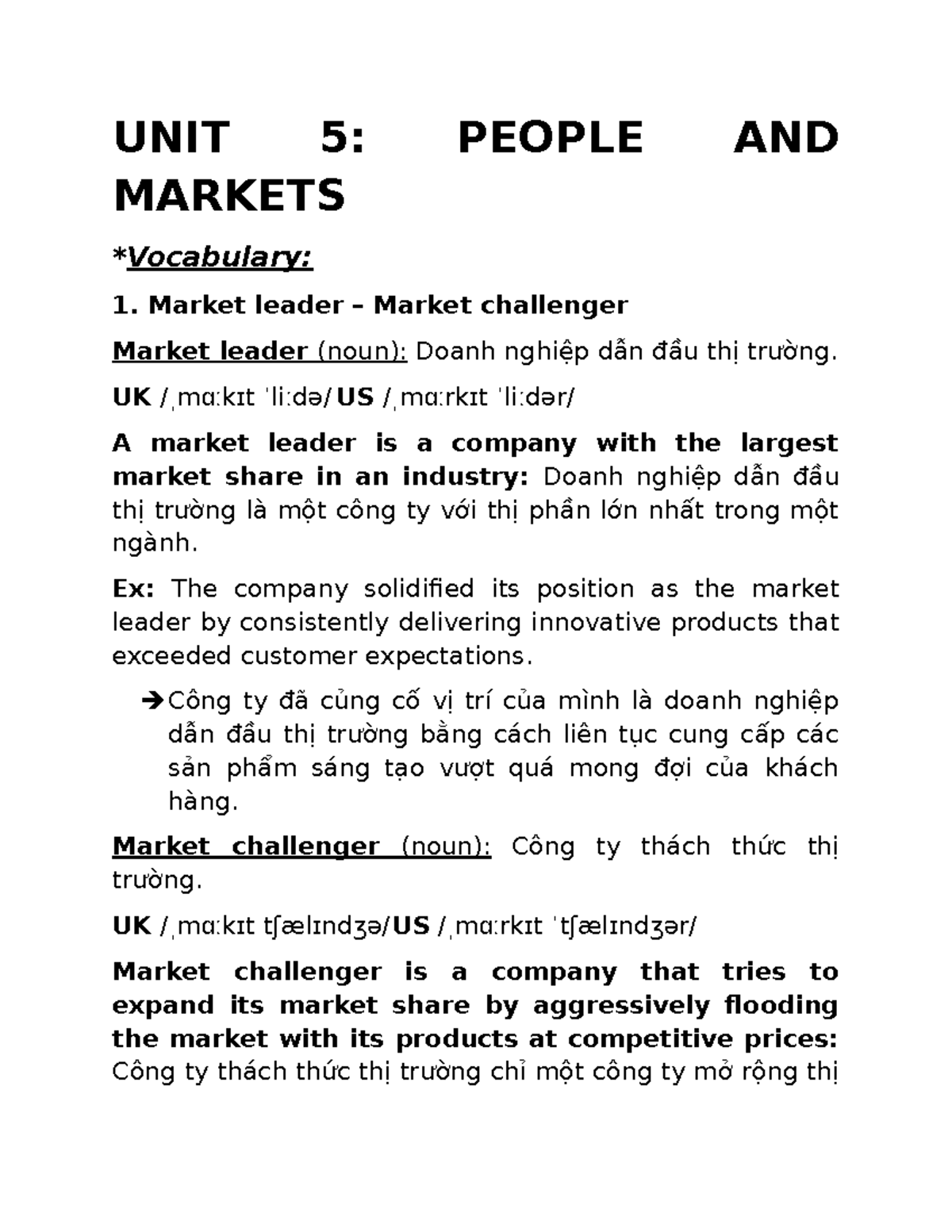 UNIT 5: Vocabulary on Market Dynamics and Business Strategies - Studocu
