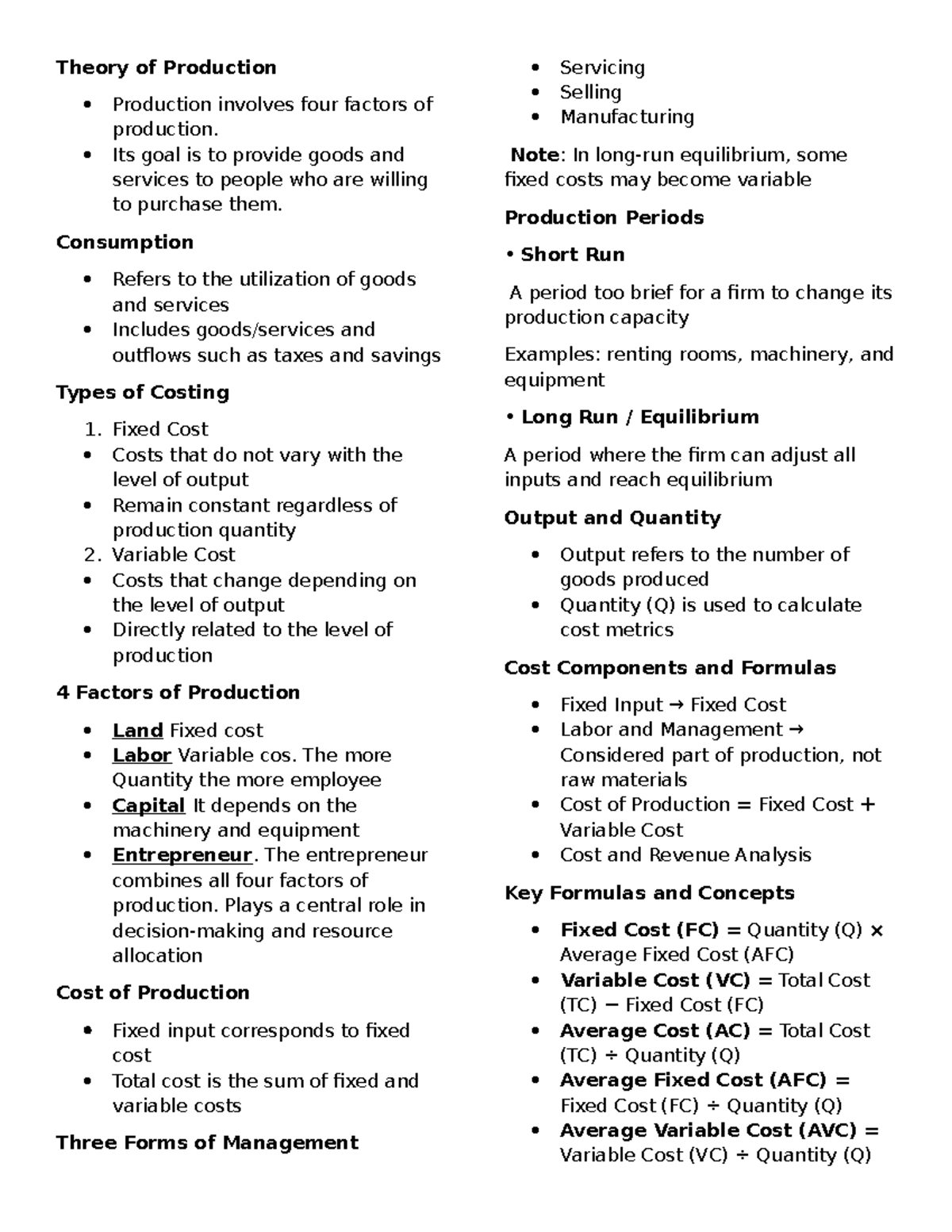 Microeconomics Notes: Theory of Production and Cost Analysis - Studocu