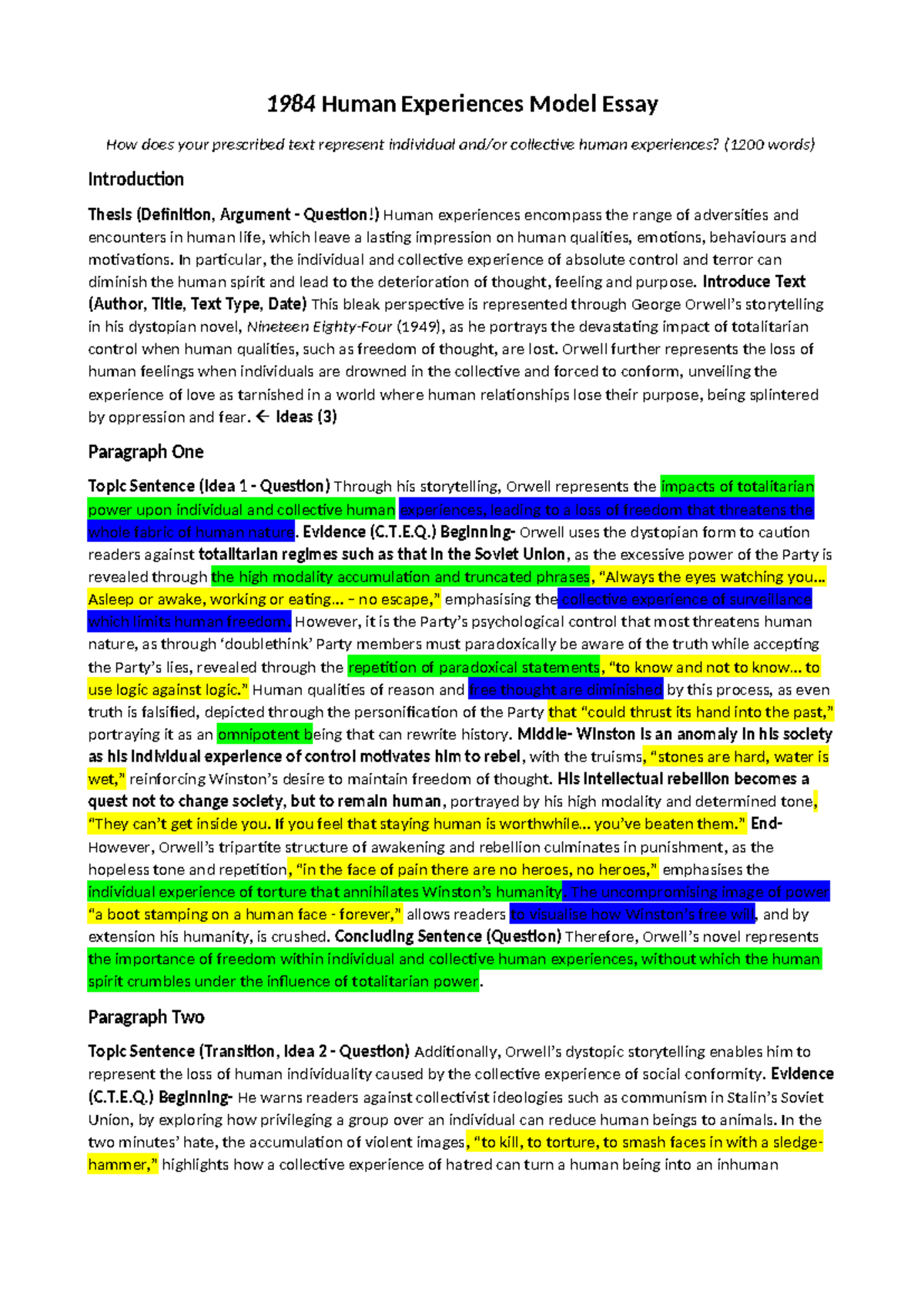 1984 Human Experiences Model Essay: Exploring Individual and Collective ...