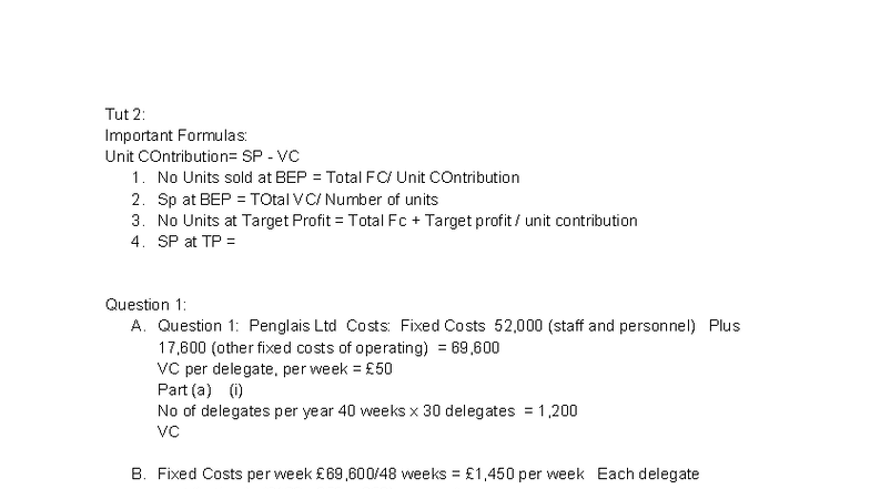 Tut 2: Key Formulas for Break-Even Analysis and Profit Calculation ...