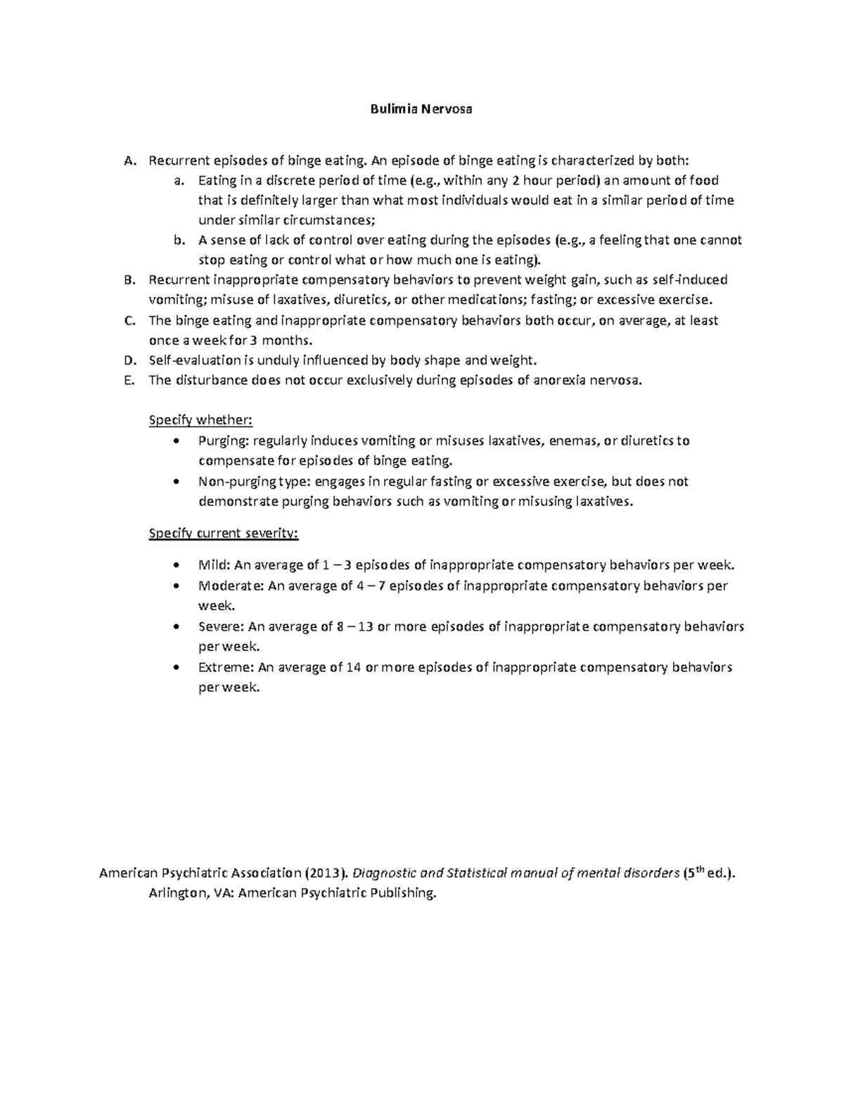 Bulimia Nervosa DSM-5 Overview and Diagnostic Criteria Guide - Studocu