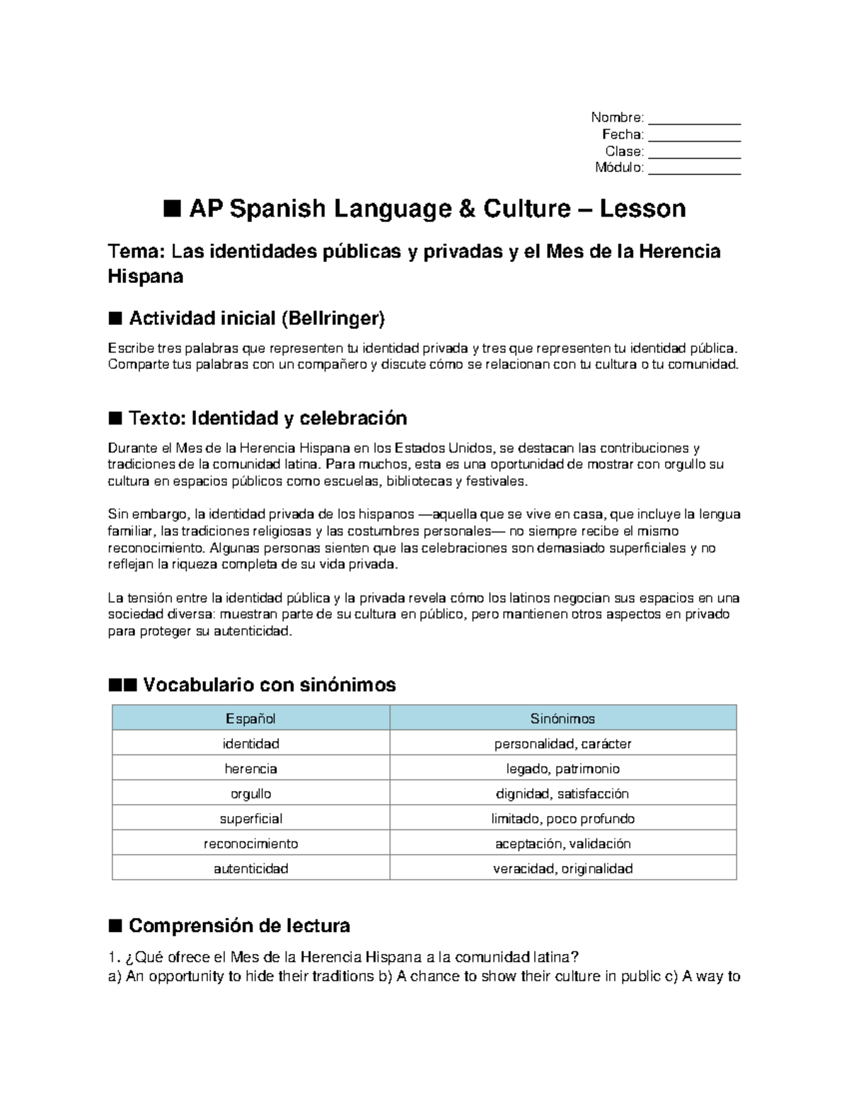 AP Spanish Language Culture Lesson: Identidad Pública y Privada - Studocu