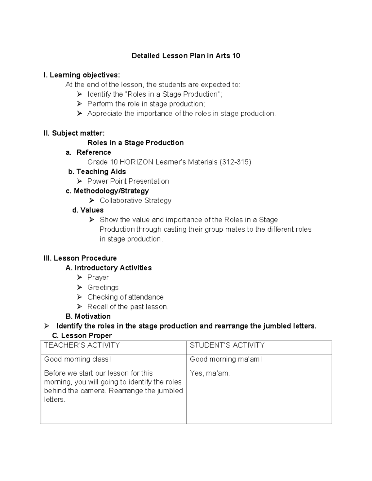 Arts 10 Detailed Lesson Plan: Exploring Roles in Stage Production - Studocu