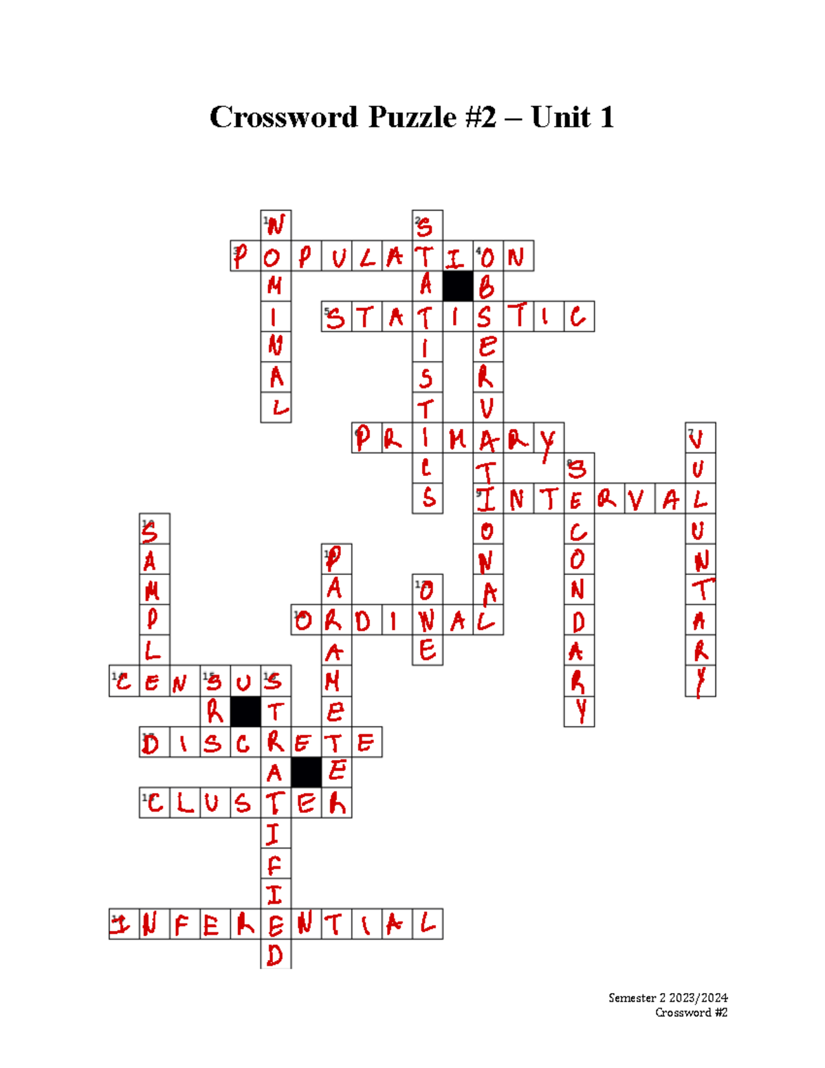 Crossword 2 - Editable - Introduction to Statistics - Semester 2 2023 ...