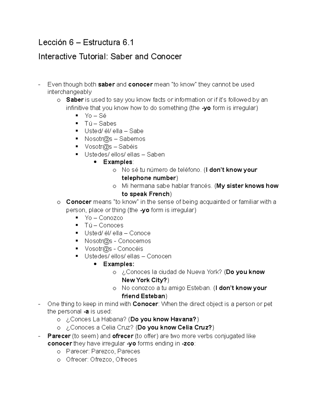 Lección 6 - Estructure 6.1 Tutorial Notes on Saber and Conocer ...