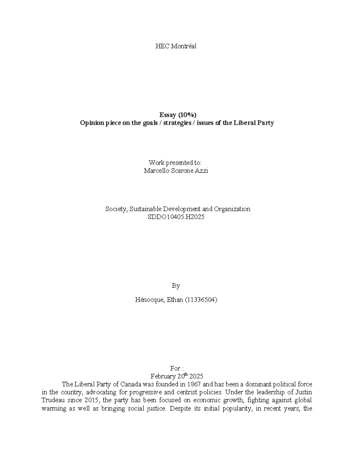 HEC Montréal SDDO10405.H2025 Essay: Liberal Party Goals & Strategies ...