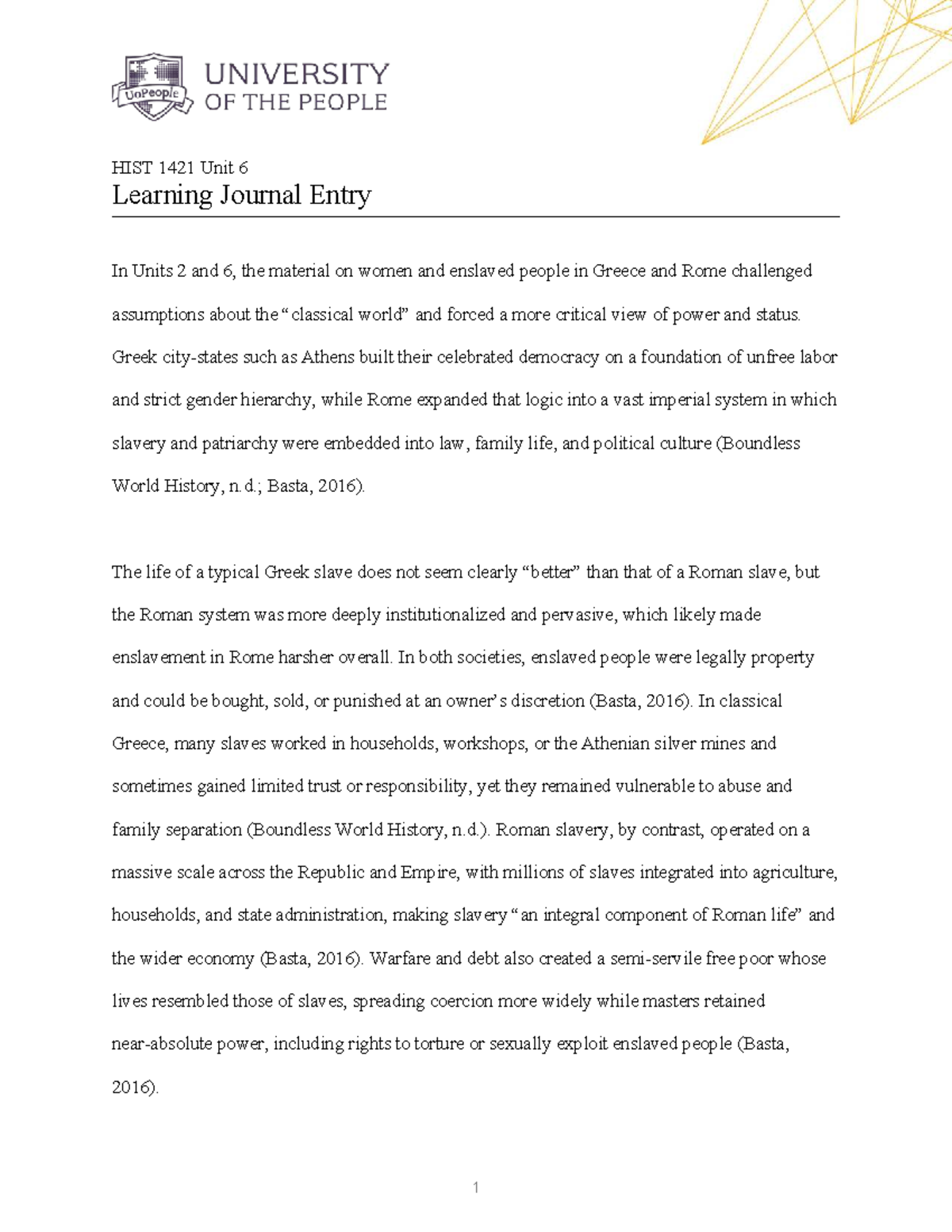 HIST 1421 Unit 6 Learning Journal: Women and Slavery in Greece and Rome ...