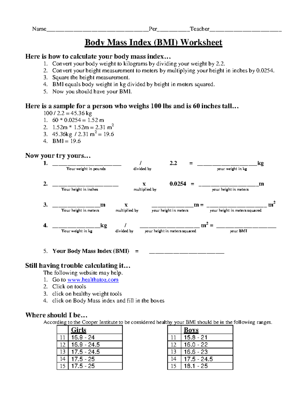BMI Calculation Worksheet for Health Class - Studocu