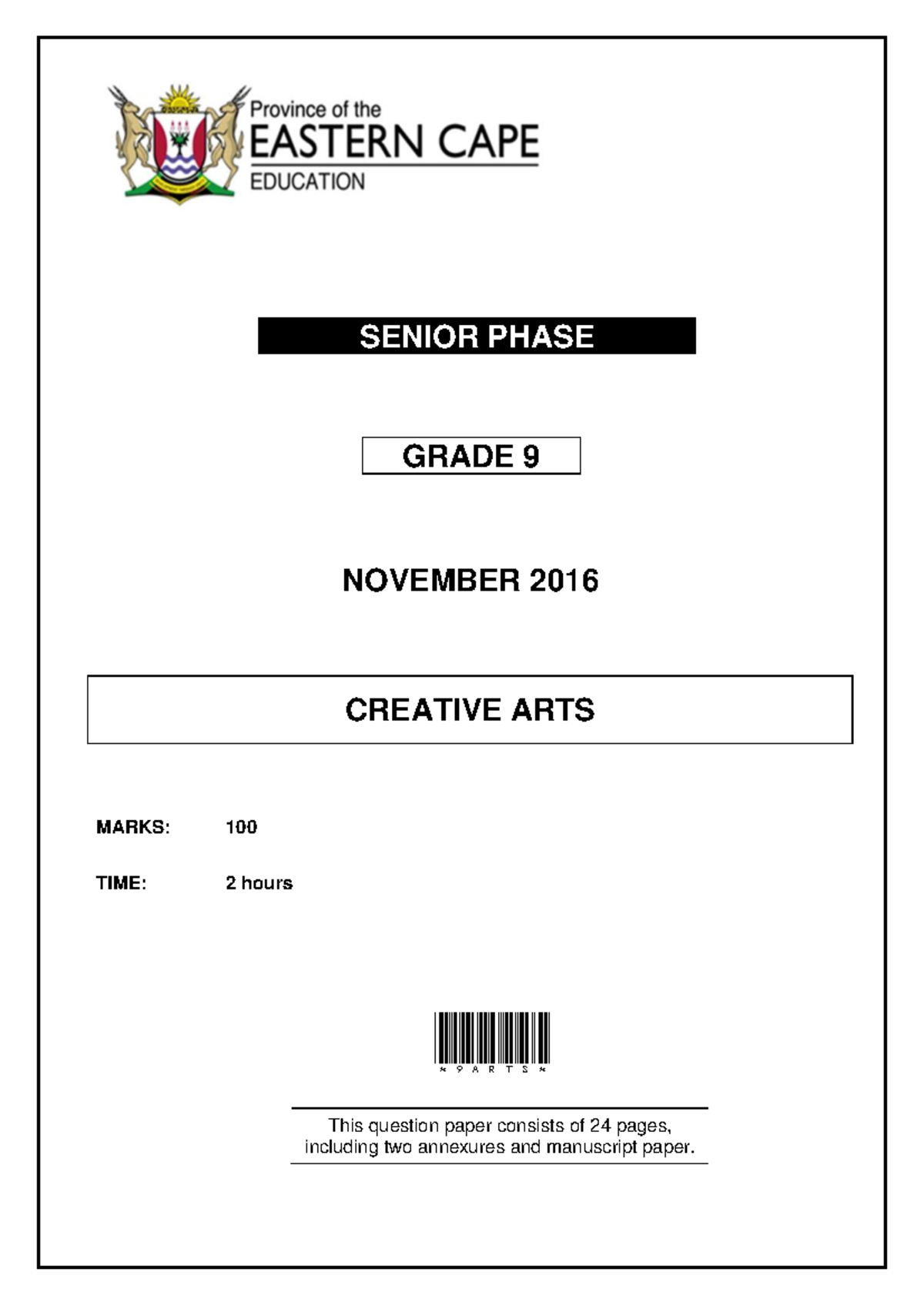 Creative Arts Examination Paper for Grade 9 (EC/NOV2016) - Studocu