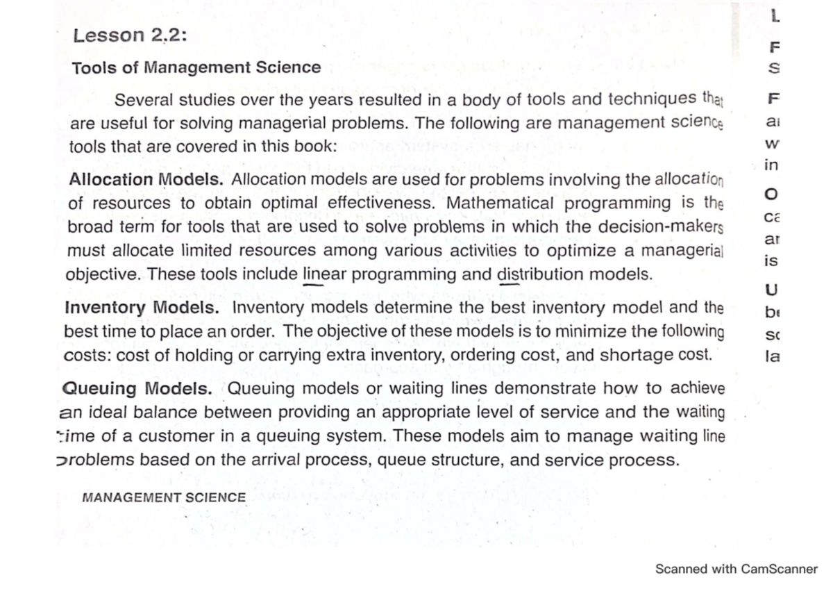 L Lesson 2.2: F Tools of Management Science and Techniques - Studocu