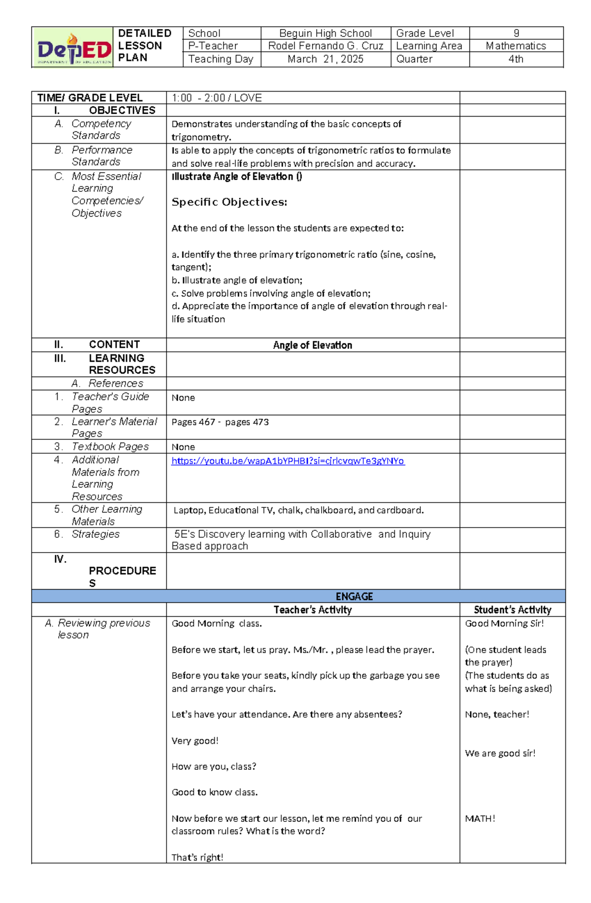 Angle of elevation (Final Demo) - DETAILED LESSON PLAN School Beguin High School Grade Level 9 ...