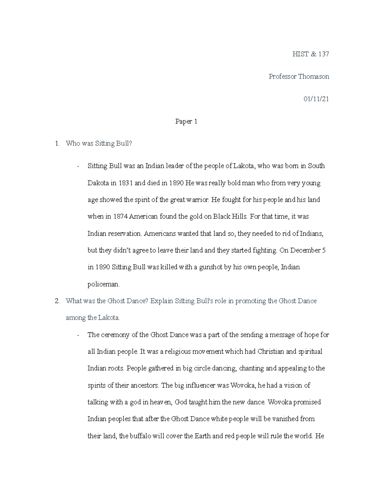 HIST 137 Paper 1 - Essay on Sitting Bull and Native American Challenges ...