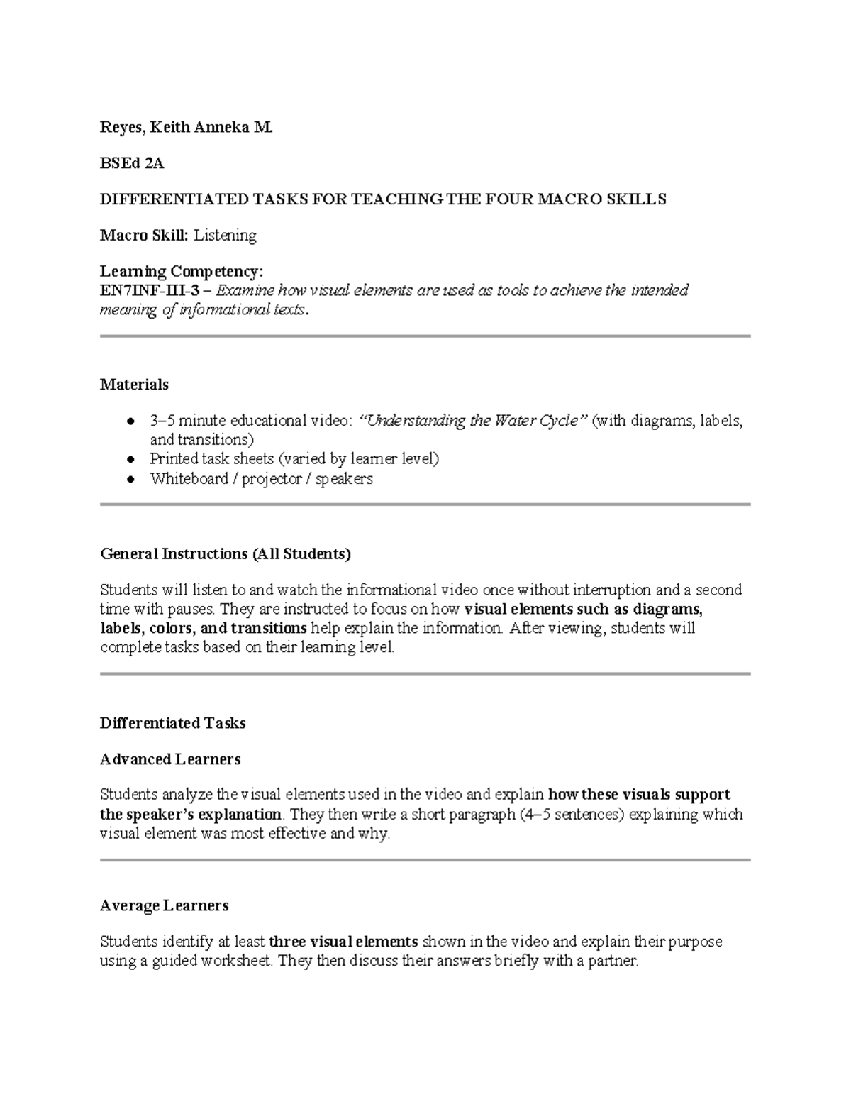 BSEd 2A: Differentiated Tasks for Teaching Macro Skills - Studocu