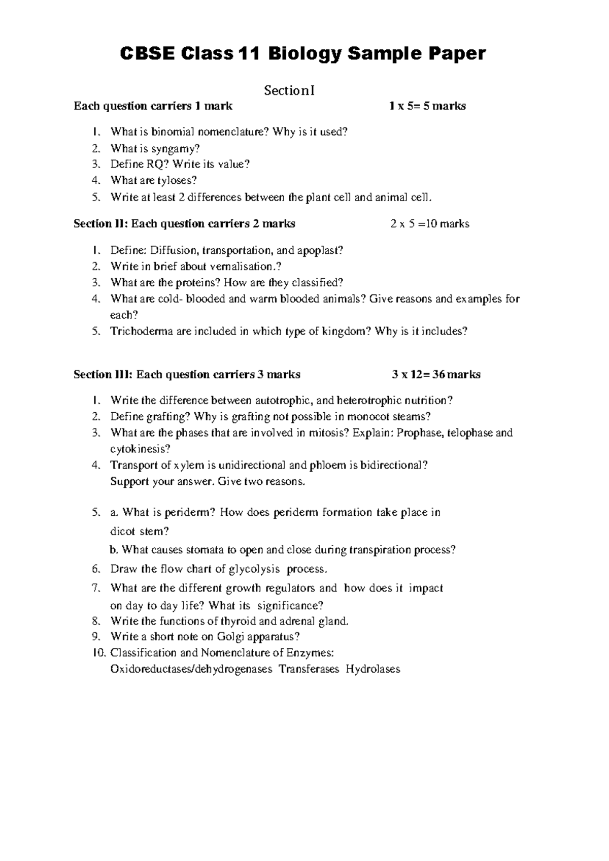 CBSE Class 11 Biology Sample Paper Set 2: Mark Distribution & Key ...