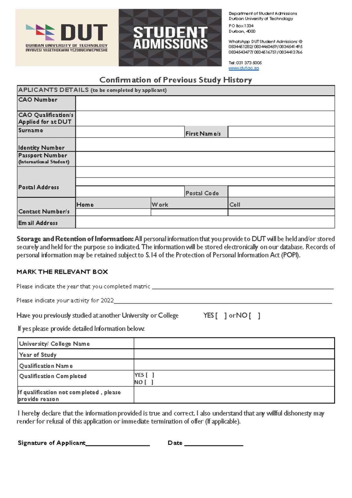 DUT Previous Study History Form for Student Admissions - Studocu