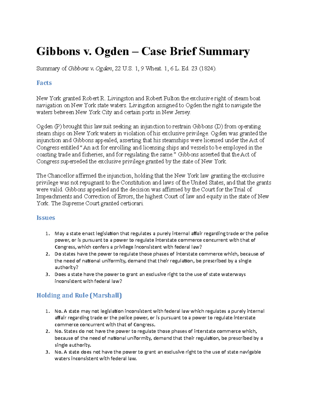 Gibbons v. Ogden: Key Issues & Rulings in 1824 Commerce Case - Studocu