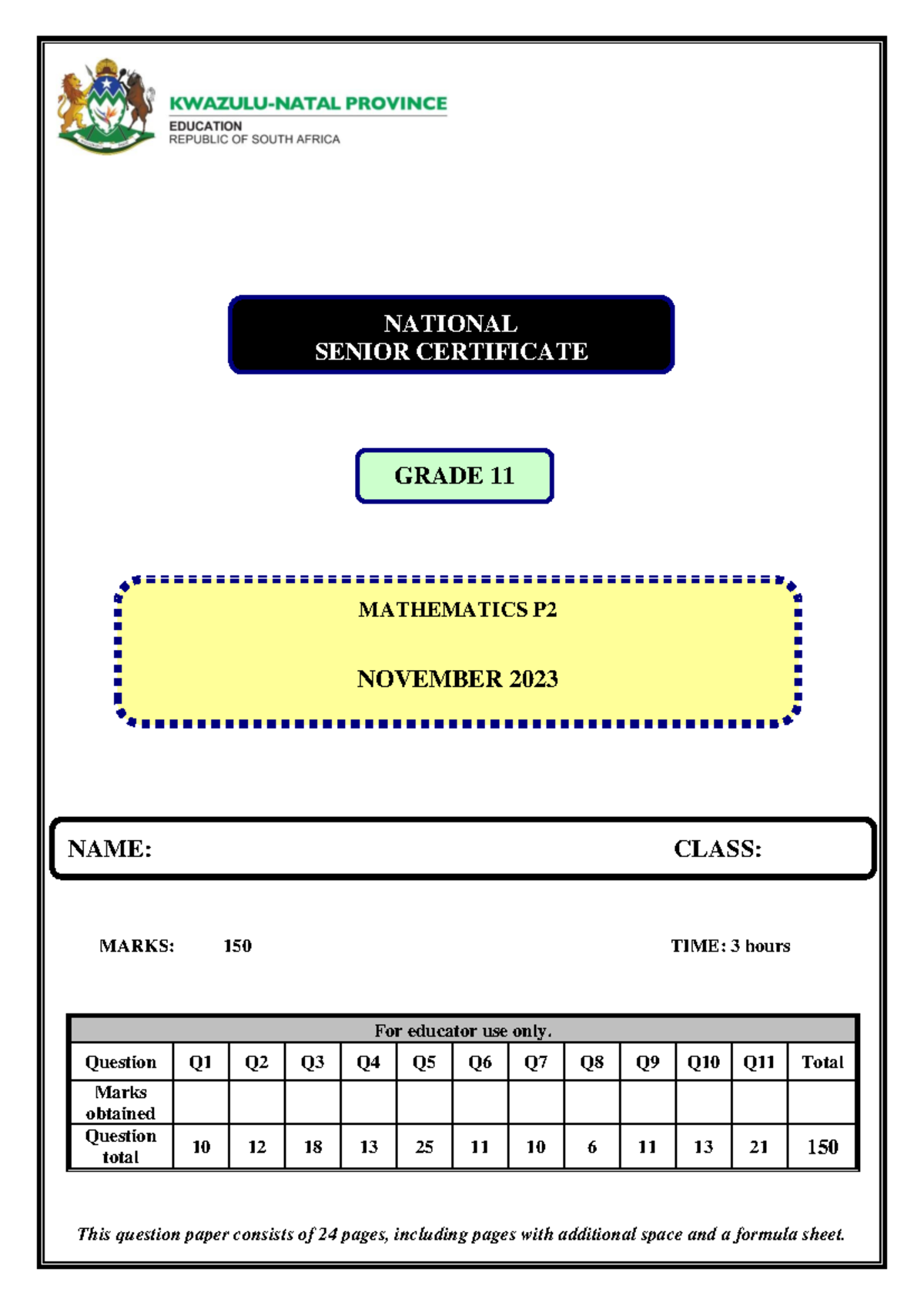 G11 Mathematics P2 Exam Paper - November 2023 - Studocu