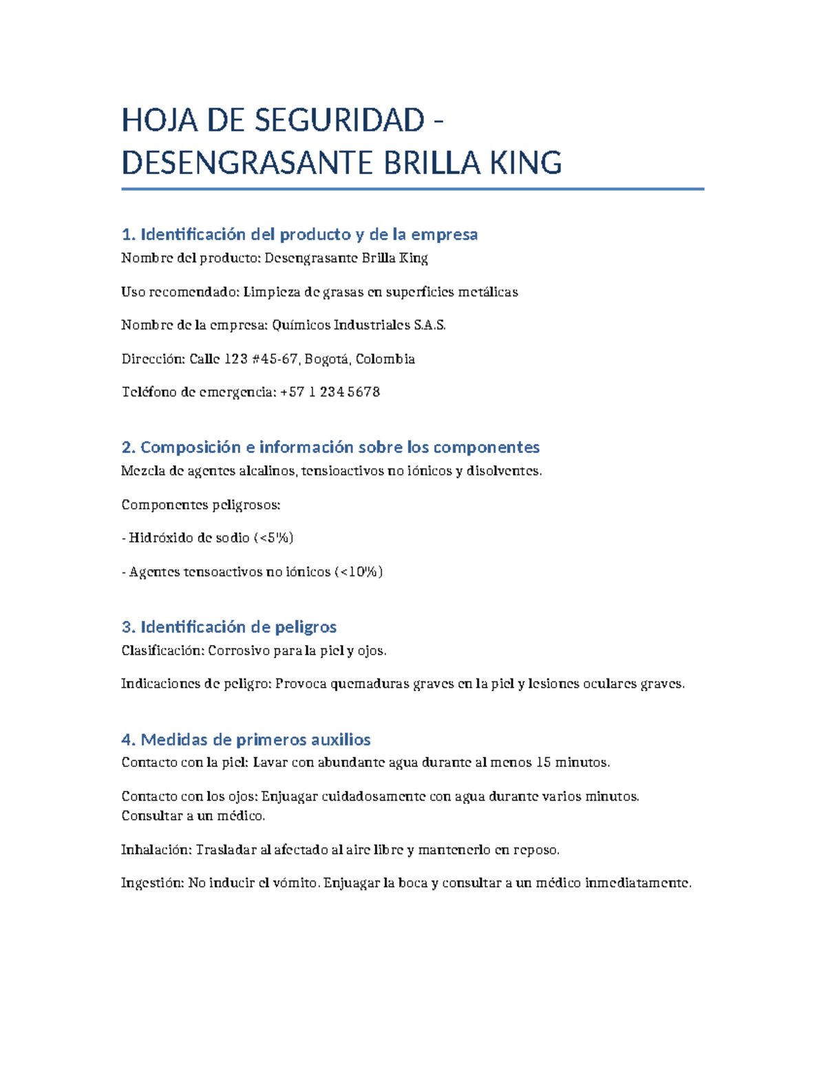 Hoja de Seguridad del Desengrasante Brilla King - Químicos Industriales ...