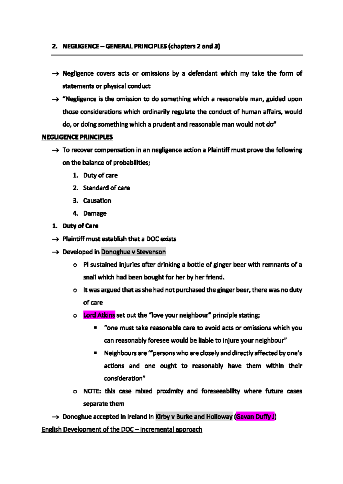 FE1 Notes - Negligence: General Principles Overview - Studocu