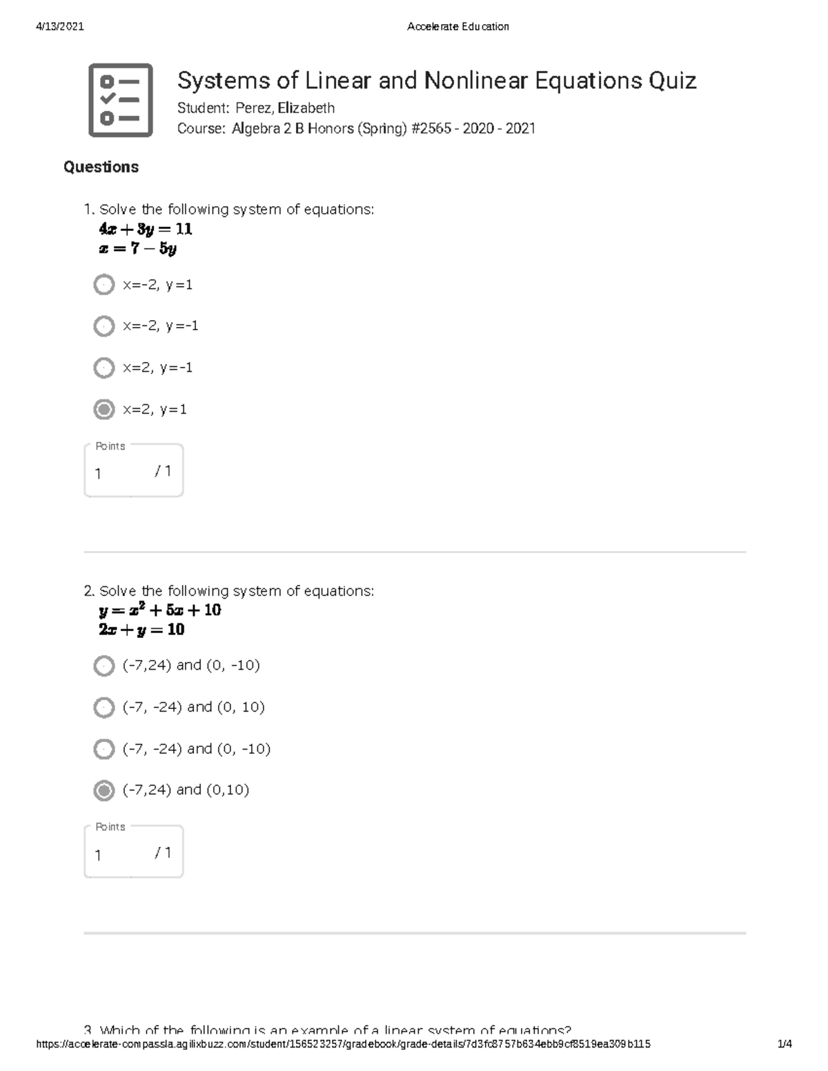 Algebra 2 B Honors: Systems of Linear and Nonlinear Equations Quiz ...
