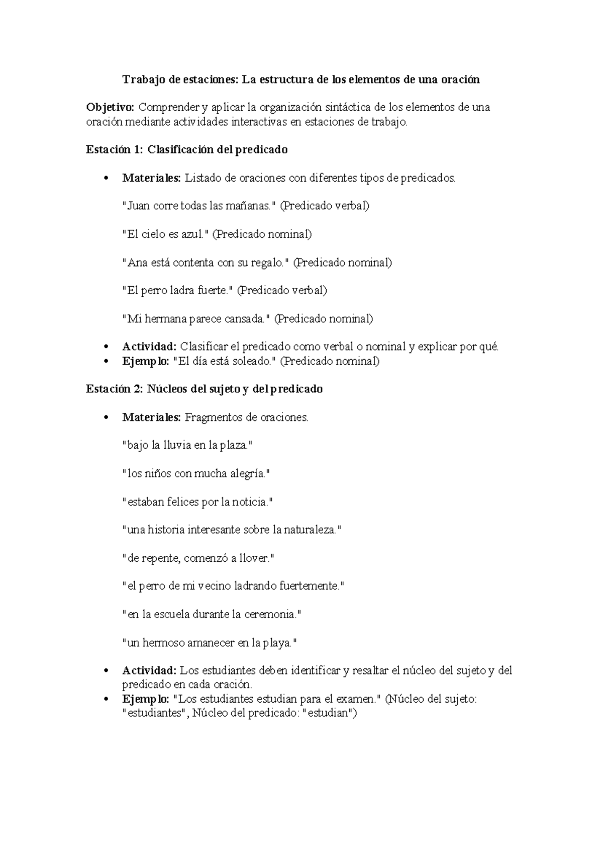 Trabajo de Estaciones: Estructura de la Oración en Actividades - Studocu